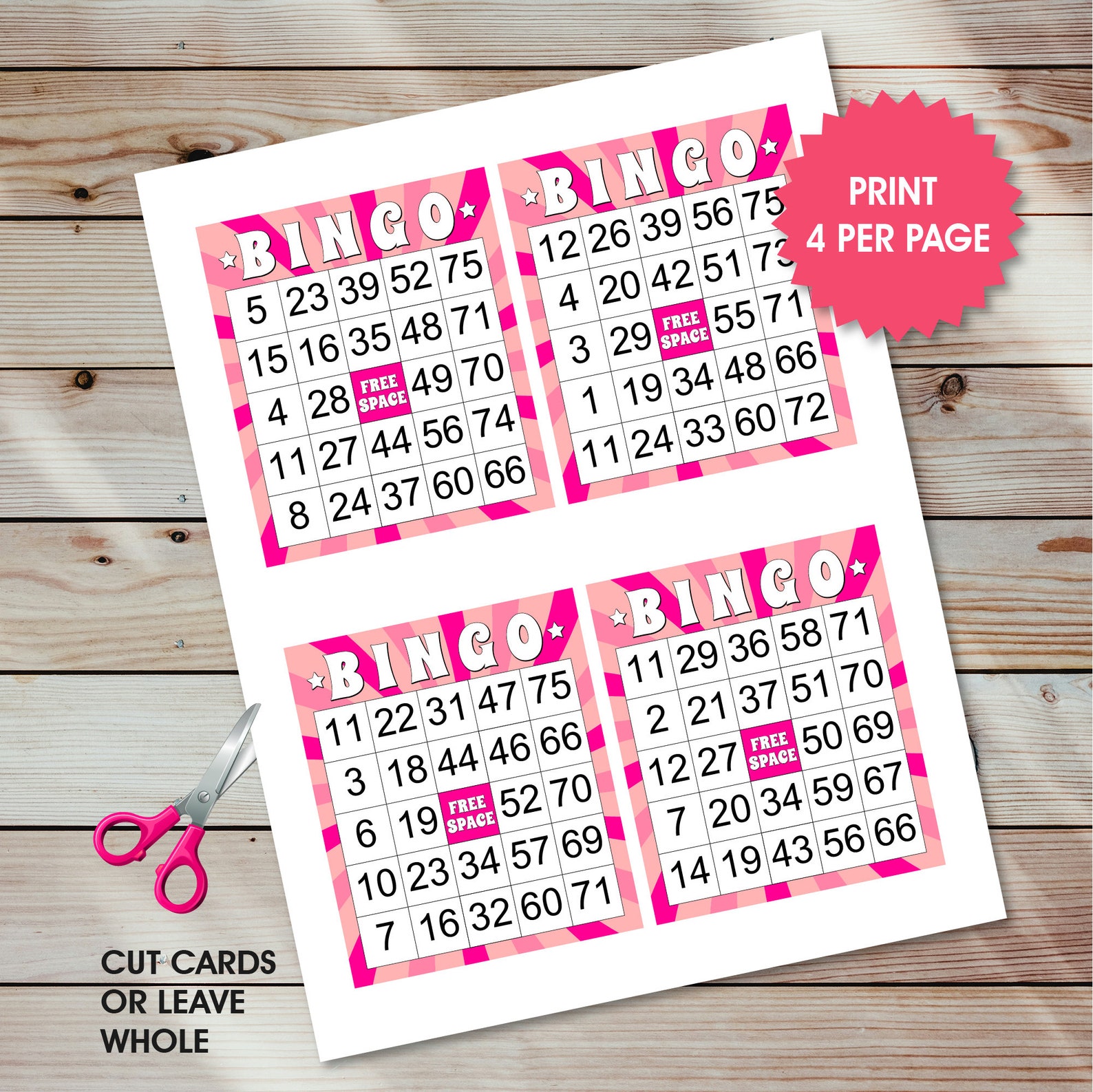 300 Retro Style Pink Bingo Cards, 1, 2, or 4 per Page, Fun Party Game ...