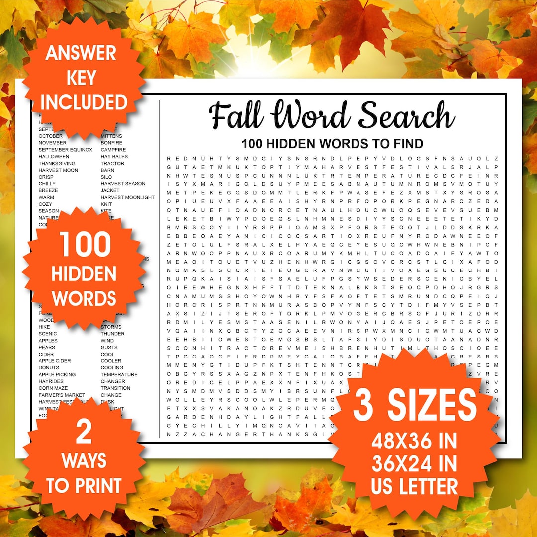 Giant Fall Word Search, Autumn Fun Game, Printable Fall Word Search ...
