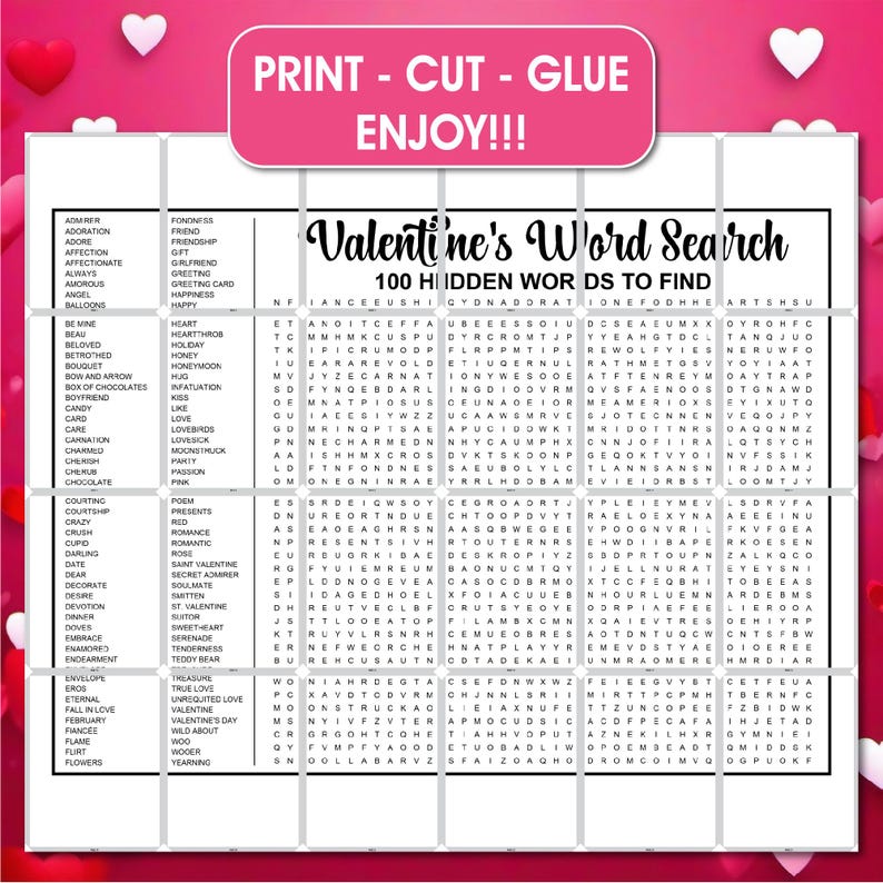 Valentine's Day Word Search Game - 100 Hidden Words - Printable ...