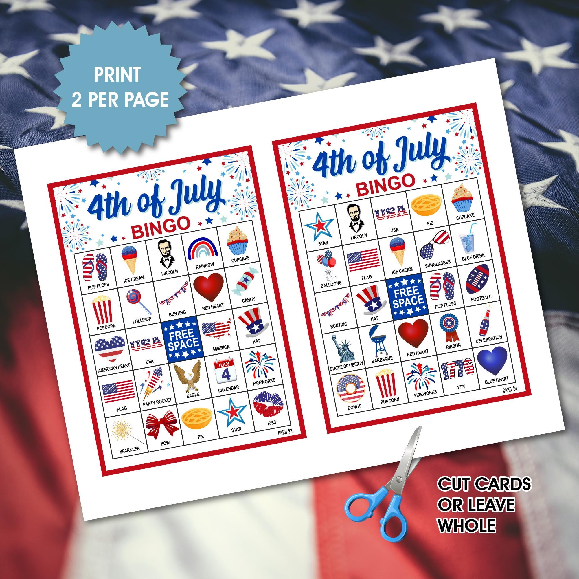 40 4th of July Bingo Cards, 1 or 2 per Page, Fun Party Game, 4th of ...