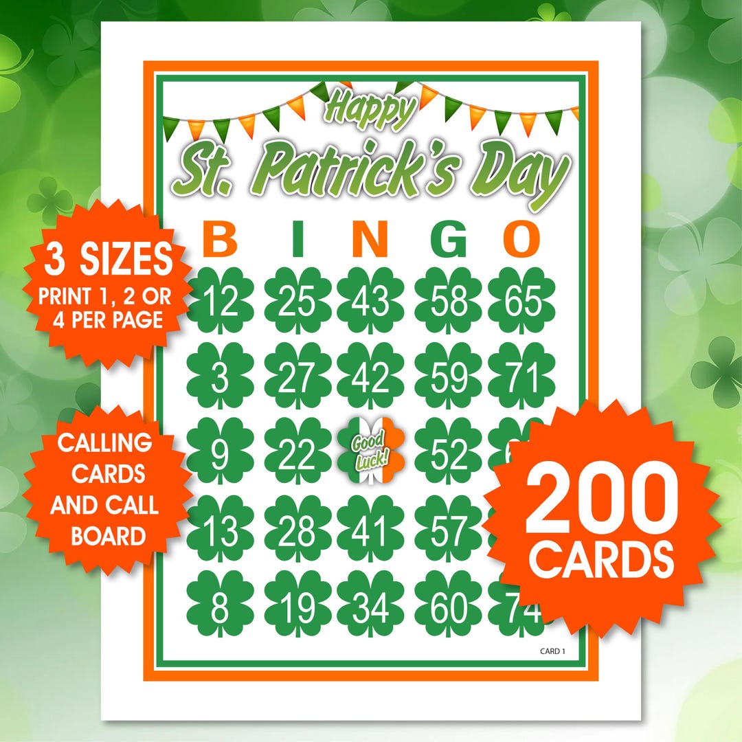 200 St Patrick's Day Bingo Cards, 1, 2, or 4 per Page, St. Patrick's ...