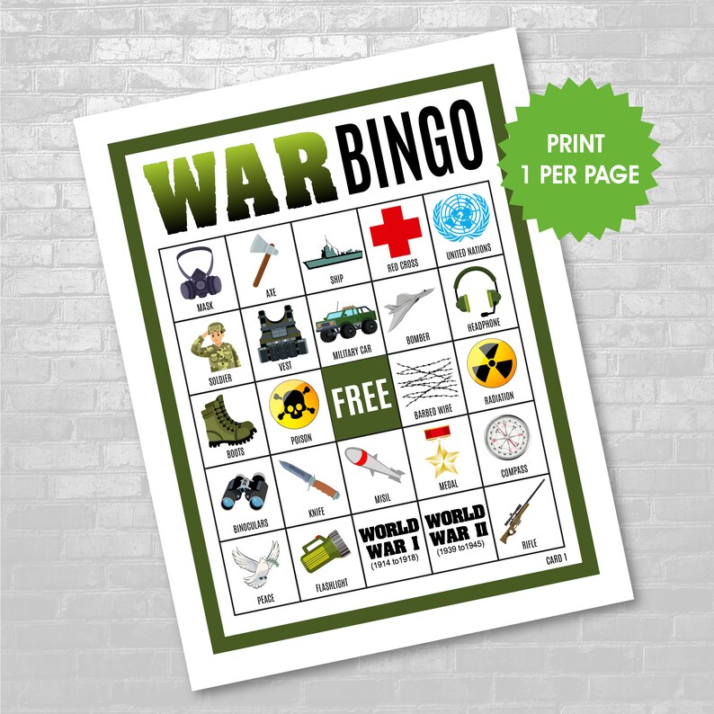 40 War Bingo Cards, 1 or 2 per Page, Memorial Day Bingo, Veteran's Day ...