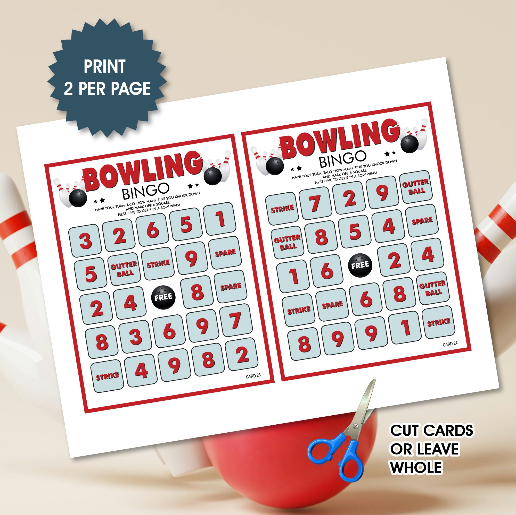 50 Bowling Bingo Cards, Bowling Party Game, Kid's Printable Bowling ...