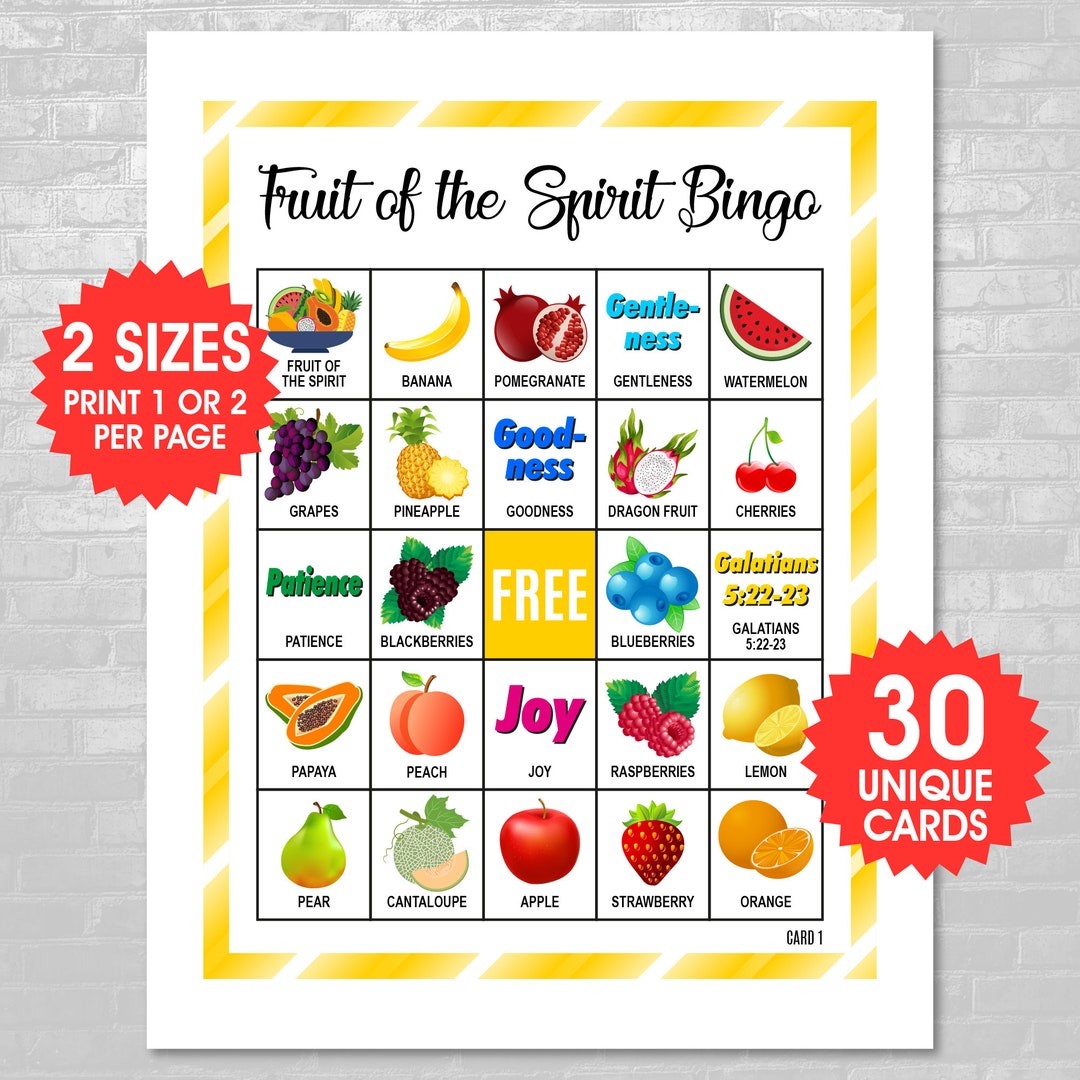 30 Fruit of the Spirit Bingo Cards, 1 or 2 per Page, Bible Game, Fruit ...