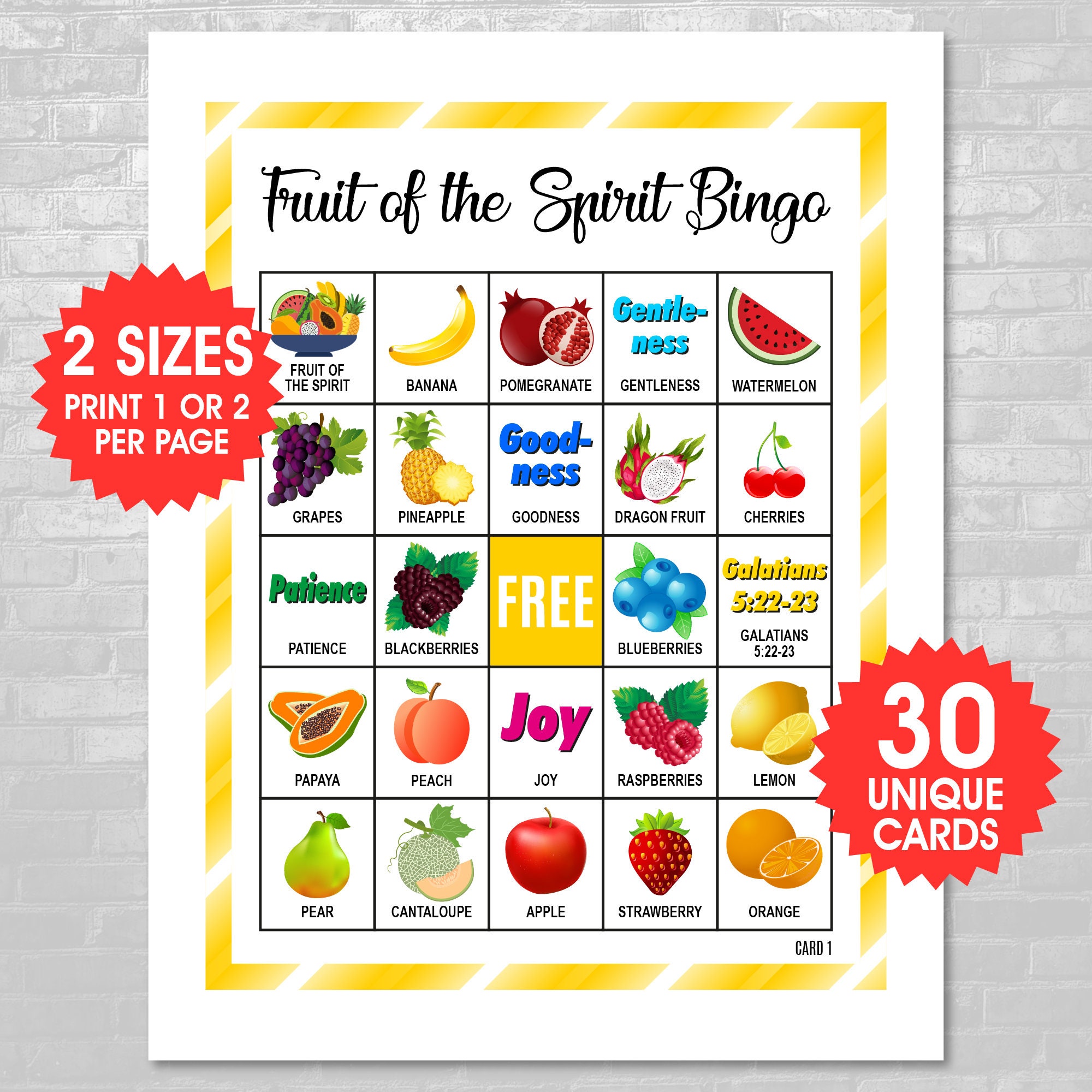 30 Fruit of the Spirit Bingo Cards, 1 or 2 per Page, Bible Game, Fruit ...