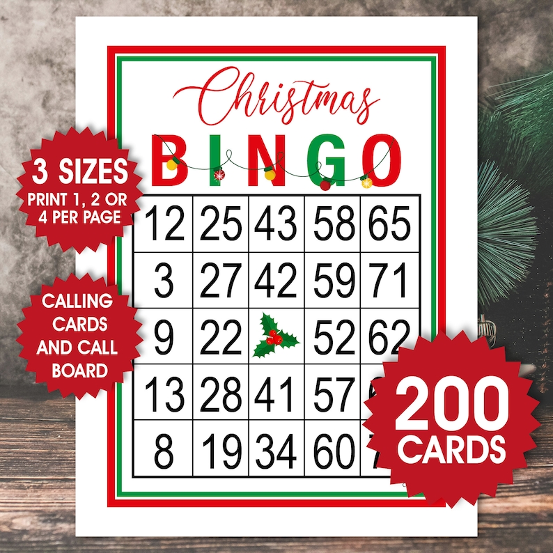 200 Christmas Bingo Cards, 1, 2, or 4 per Page, Christmas Game ...