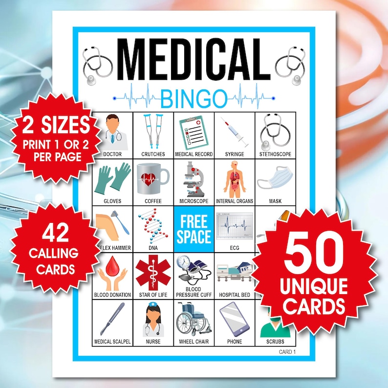50 Printable Medical Bingo Cards, Nurse Doctor Graduation Game (PDF ...