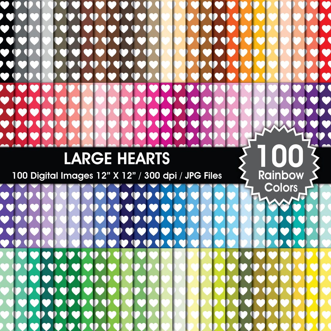100 Large Hearts Digital Paper, Rainbow Colors Backgrounds, Bundle ...