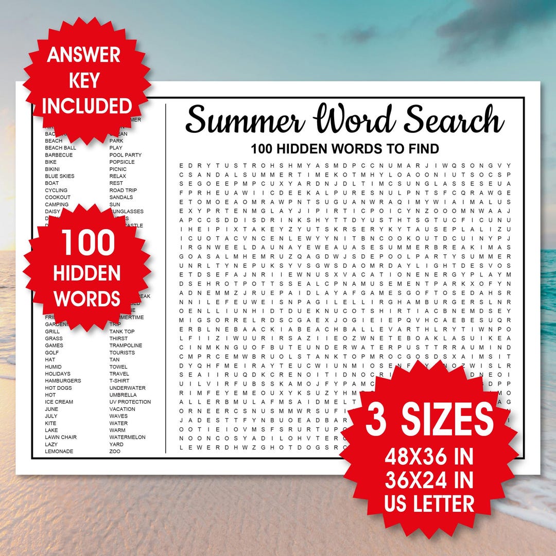 Giant Summer Word Search, Summer Fun Game, Printable Summer Word Search ...