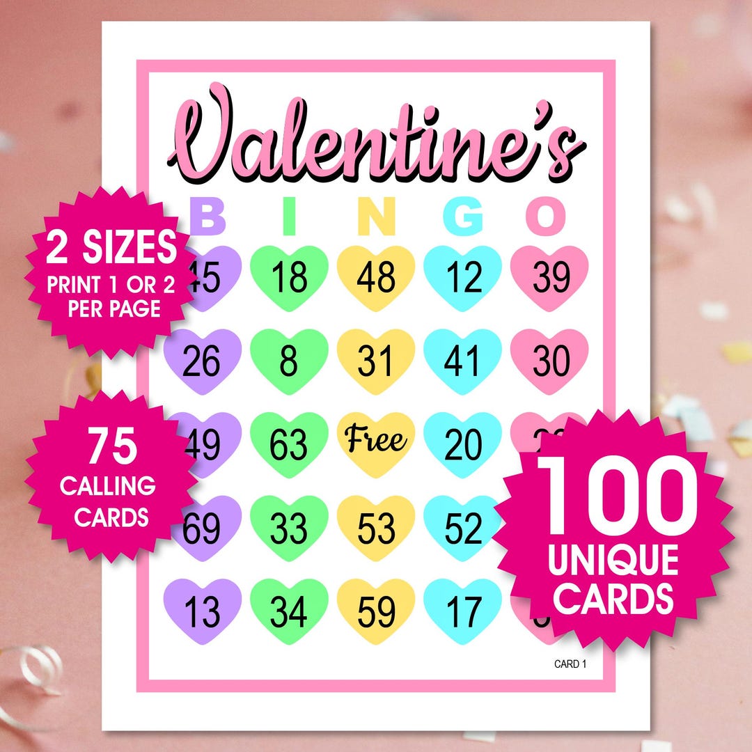 100 Valentine's Hearts Bingo Cards, 1 or 2 per Page, Fun Party Game ...