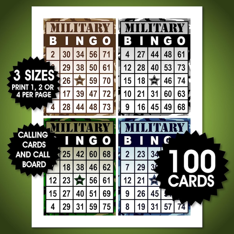 100 Military Bingo Cards, Patriotic Bingo, 4th of July Game ...