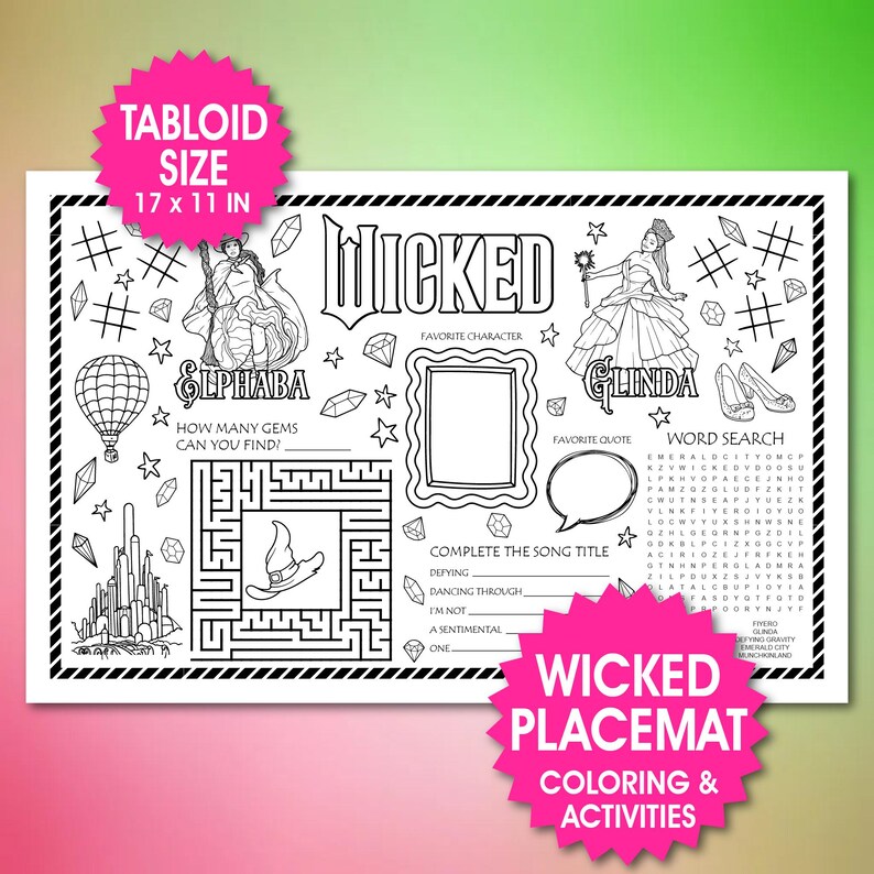 Printable Wicked Placemat for Kids, Wicked Birthday Coloring and ...