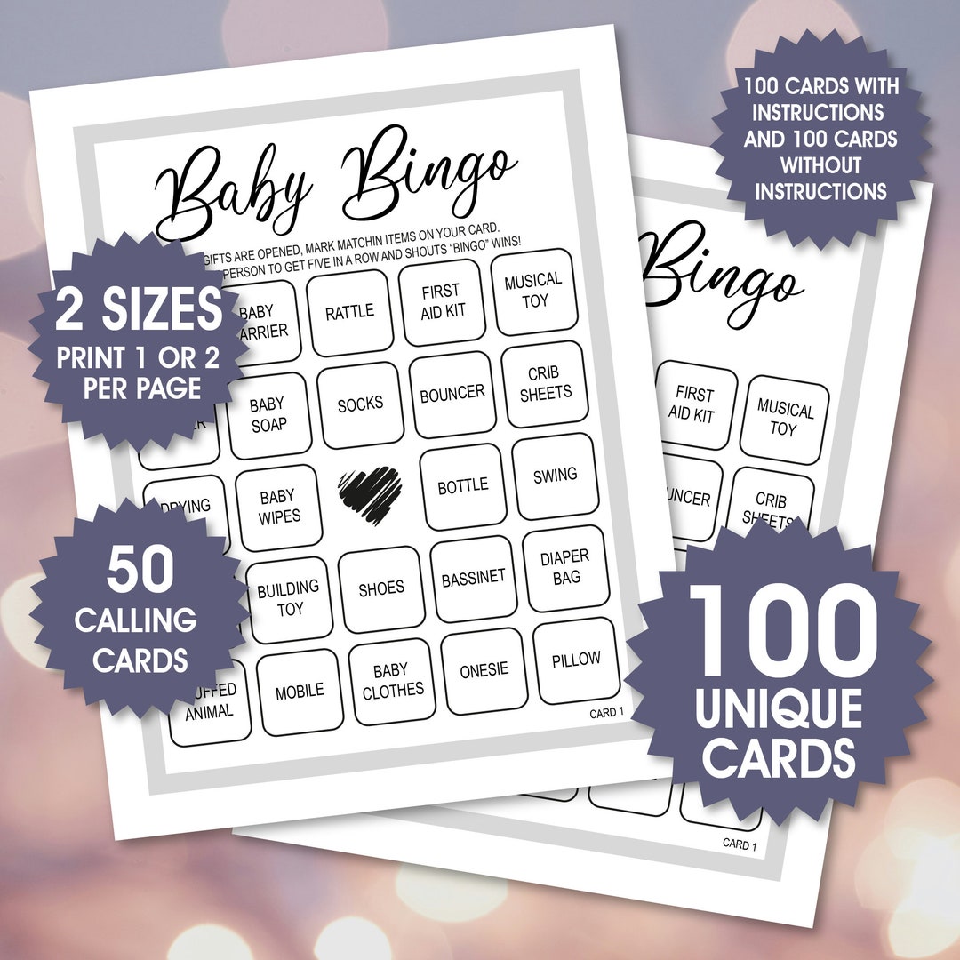 100 Baby Bingo Cards, 1 or 2 per Page, Baby Party Game, Baby Shower ...