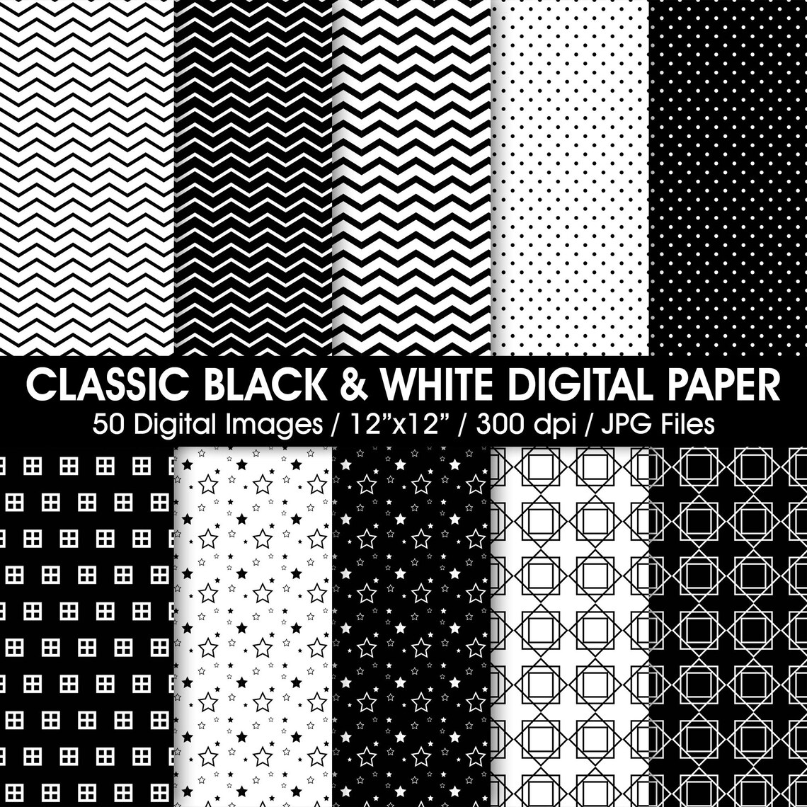 50 Classic Black & White Seamless Pattern Digital Papers, Printable ...