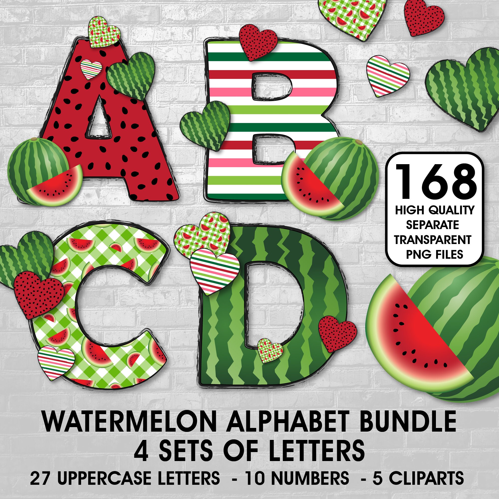 4 Watermelon Alphabets Clipart, PNG Digital Clip Art, Watermelon ...