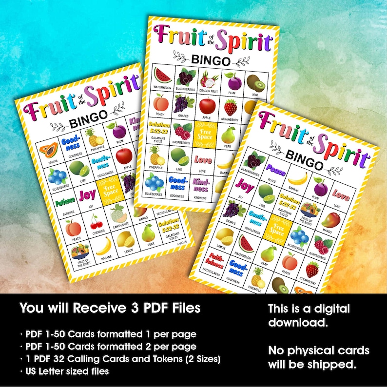 50 Fruit of the Spirit Bingo Cards, Christian Fun Game, Bible Games for ...