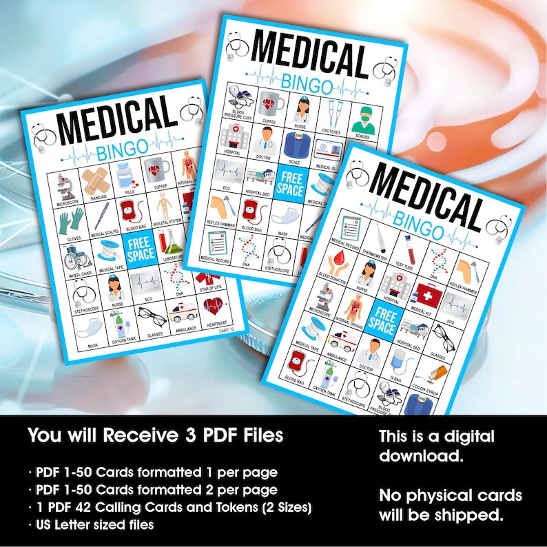 50 Printable Medical Bingo Cards, Nurse Doctor Graduation Game (PDF ...