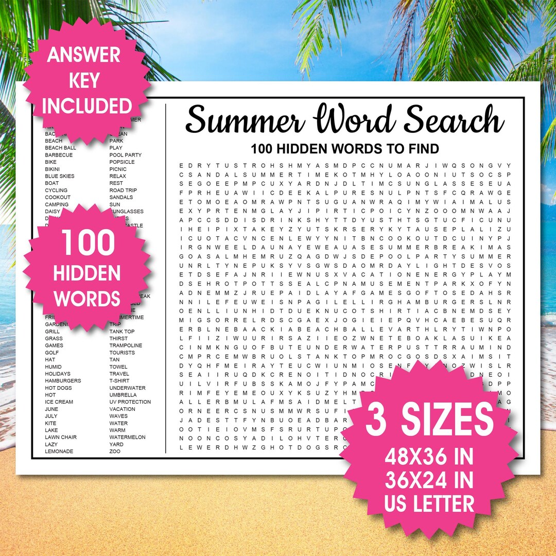 Giant Summer Word Search, Summer Fun Game, Printable Summer Word Search ...
