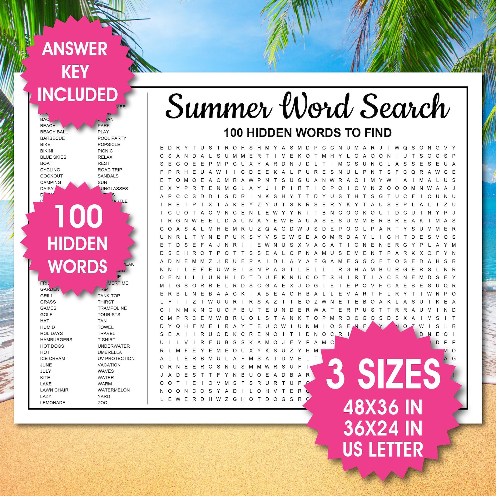 Giant Summer Word Search, Summer Fun Game, Printable Summer Word Search ...