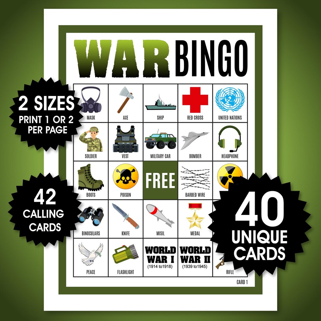 40 War Bingo Cards, 1 or 2 per Page, Memorial Day Bingo, Veteran's Day ...