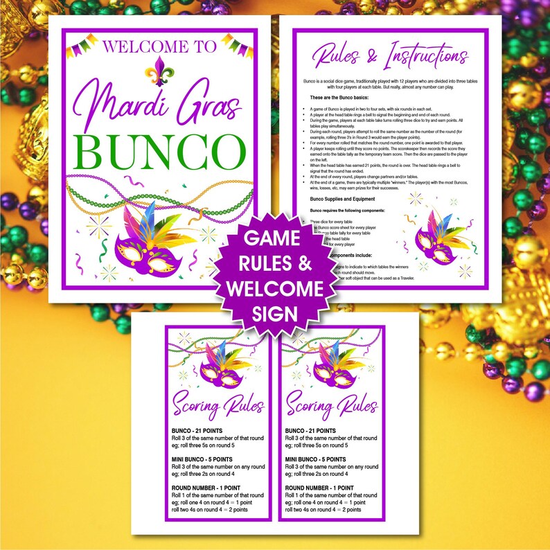 Mardi Gras BUNCO Bundle, Score Cards, Tally Sheets, Name Tags, Table ...