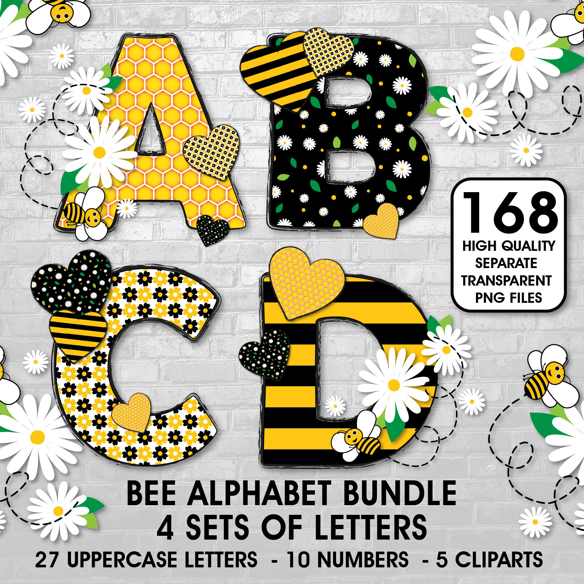 4 Bee Alphabets Clipart, PNG Digital Clip Art, Bee Letters Bundle, Cute ...