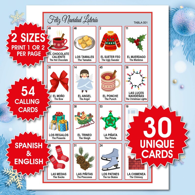 30 Christmas Lottery Cards, Loteria De Navidad, Bilingual Holiday Bingo ...