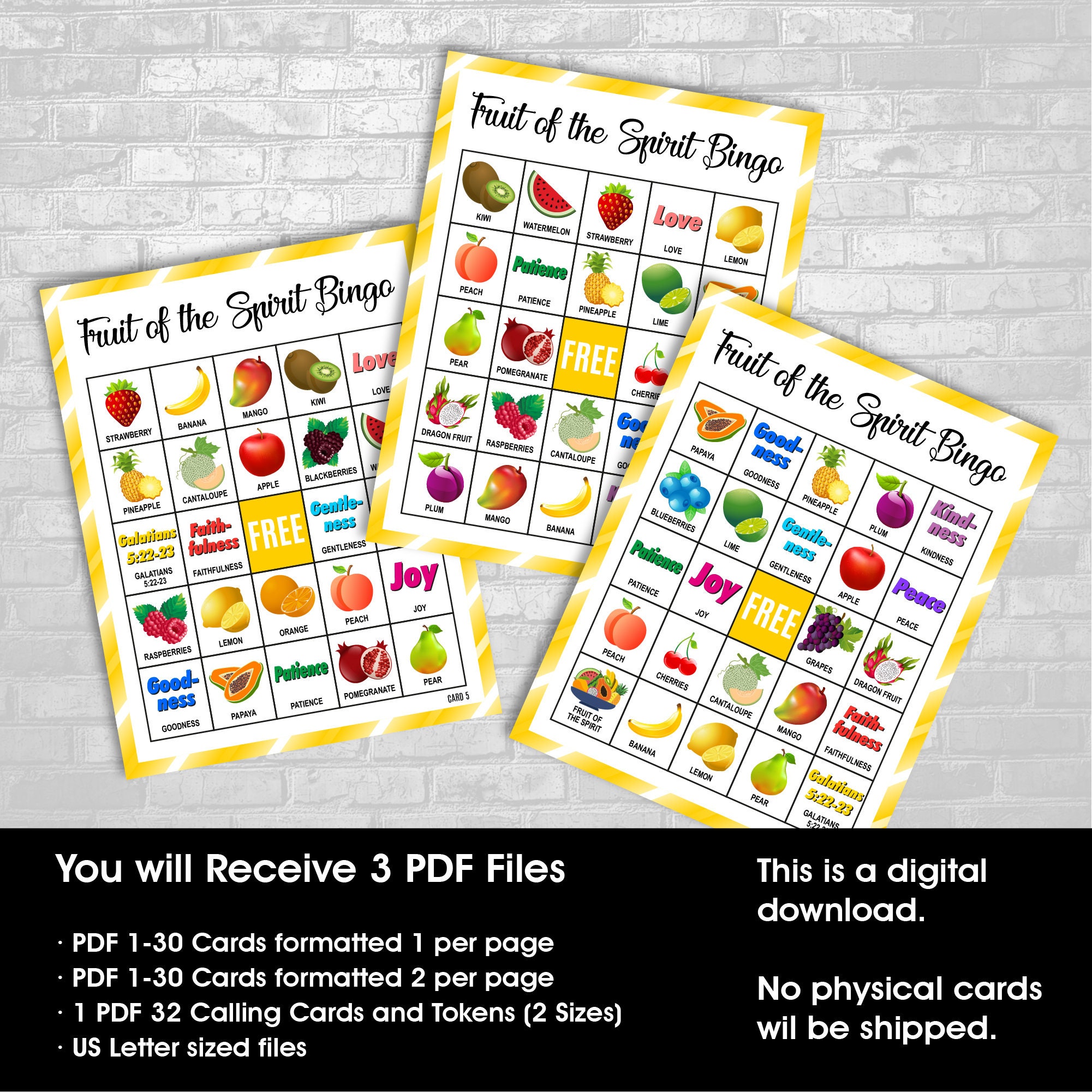 30 Fruit of the Spirit Bingo Cards, 1 or 2 per Page, Bible Game, Fruit ...
