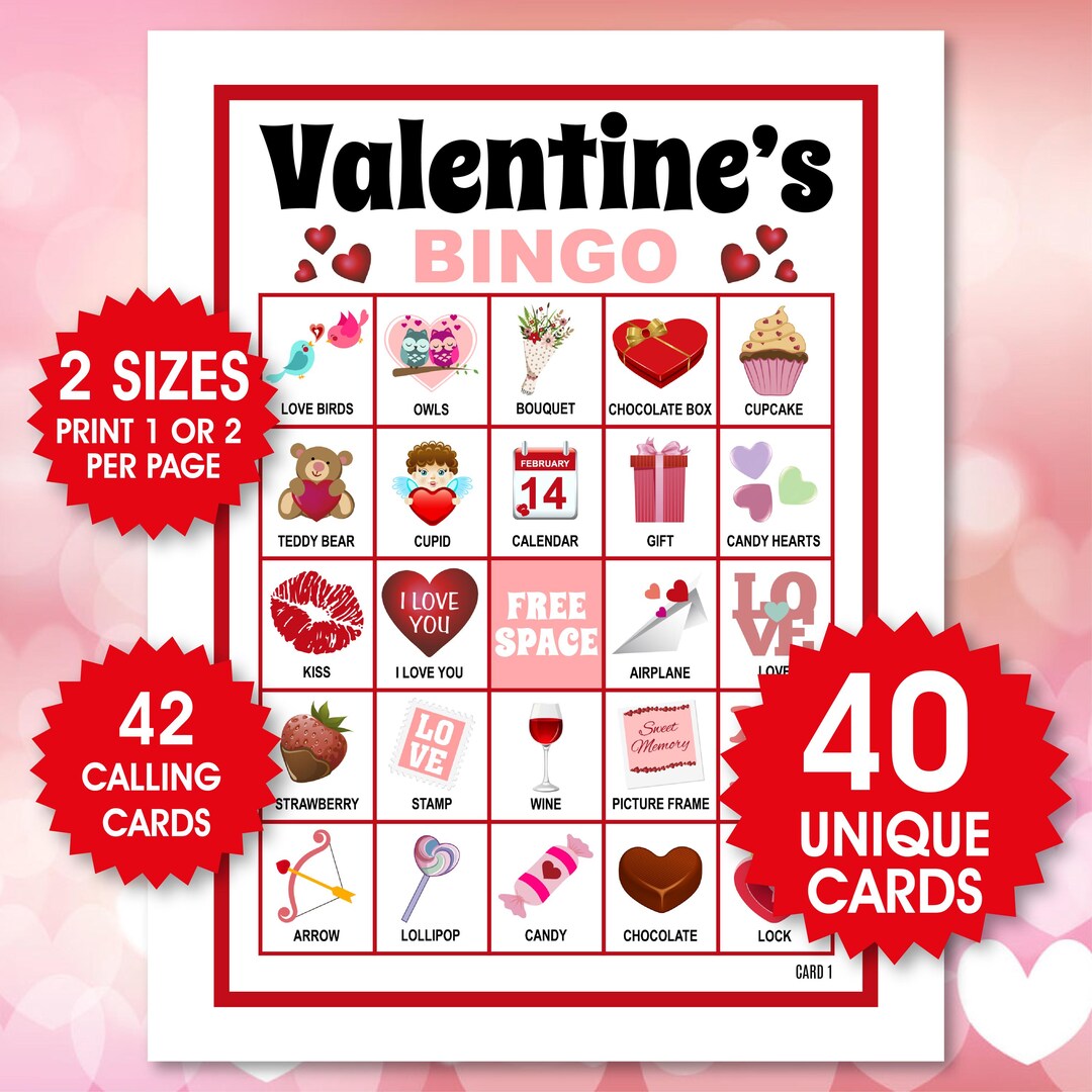 40 Valentine's Day Bingo Cards, 1 or 2 per Page, Valentine's Party Game ...