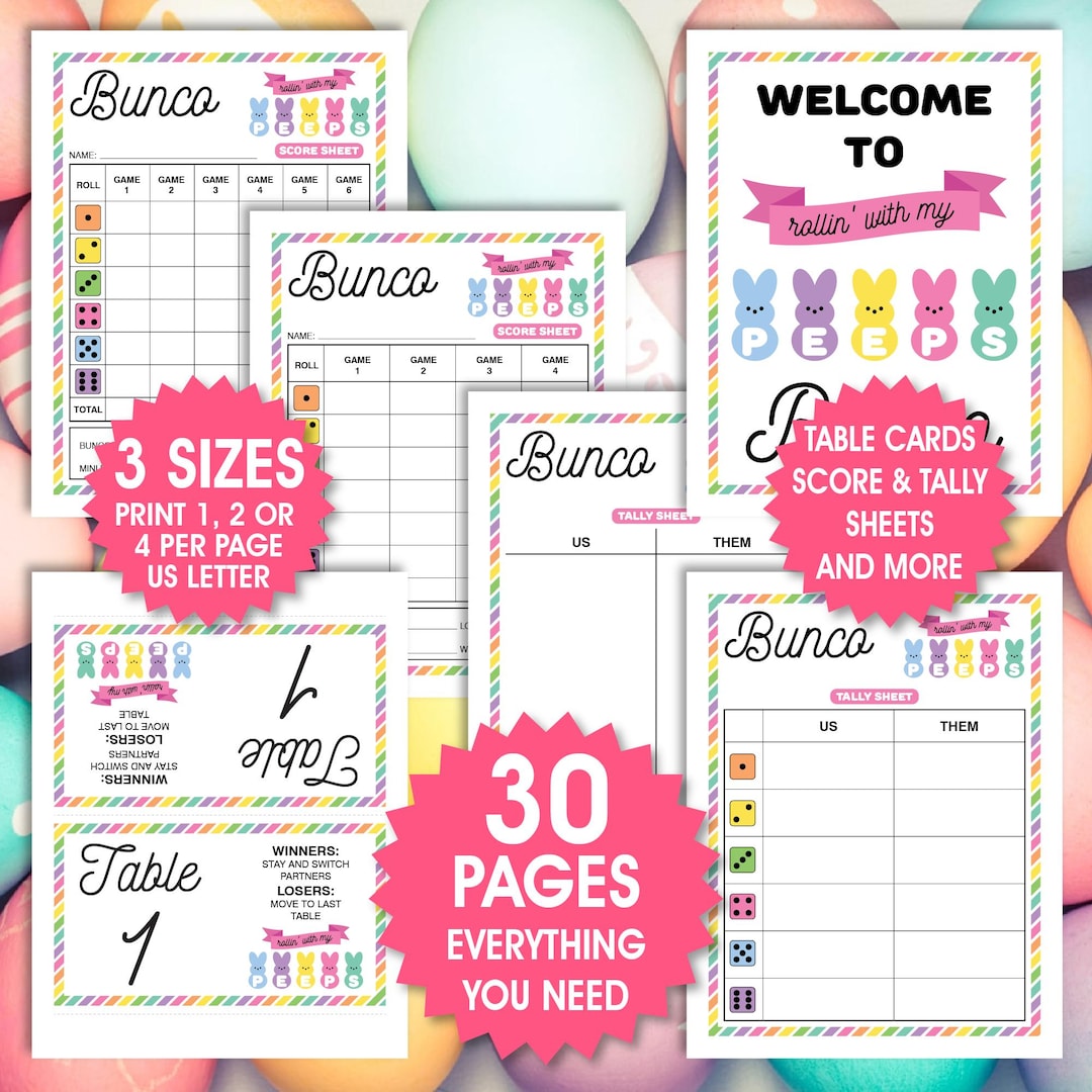 Easter Peeps BUNCO Bundle, Score Cards, Tally Sheets, Name Tags, Table ...