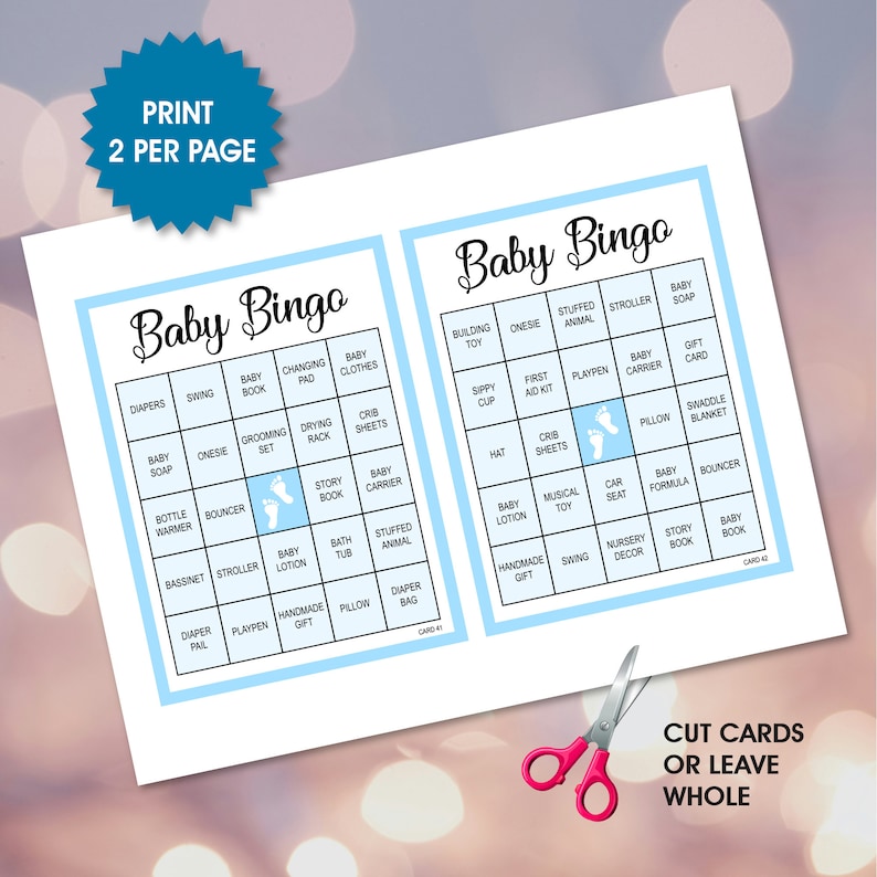 60 Blue Baby Bingo Cards, 1 or 2 per Page, Baby Party Game, Baby Boy ...