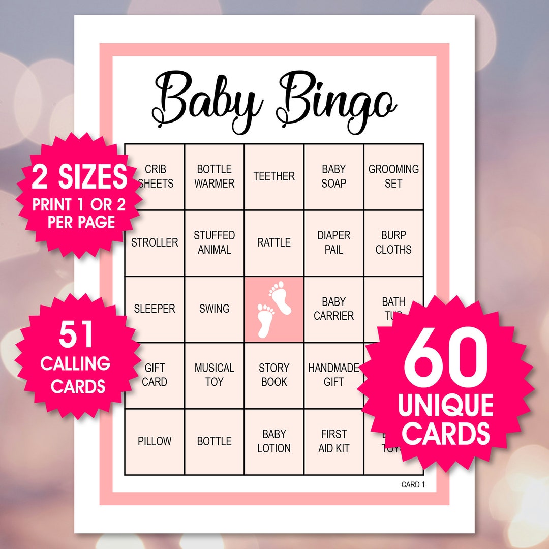 60 Pink Baby Bingo Cards, 1 or 2 per Page, Baby Party Game, Baby Shower ...