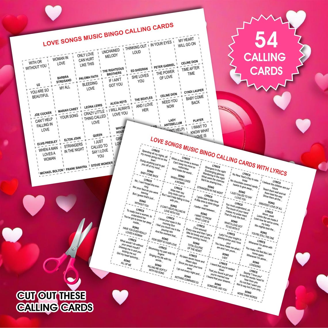 Love Songs Music Bingo, 50 Printable Love Pop Music Bingo Cards ...