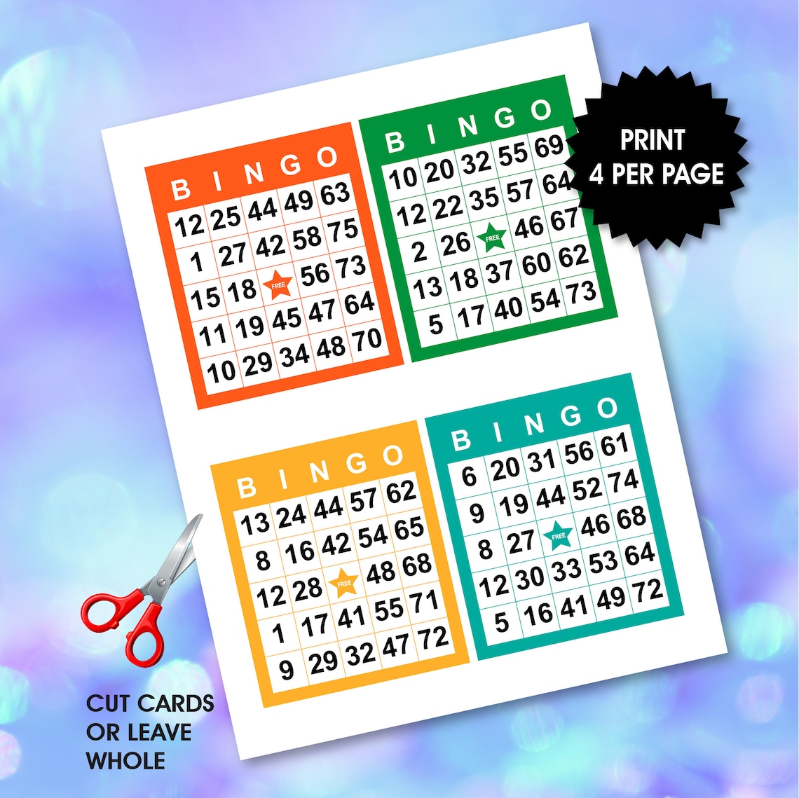 300 Colorful Bingo Cards, 1, 2, or 4 per Page, Fun Party Game ...