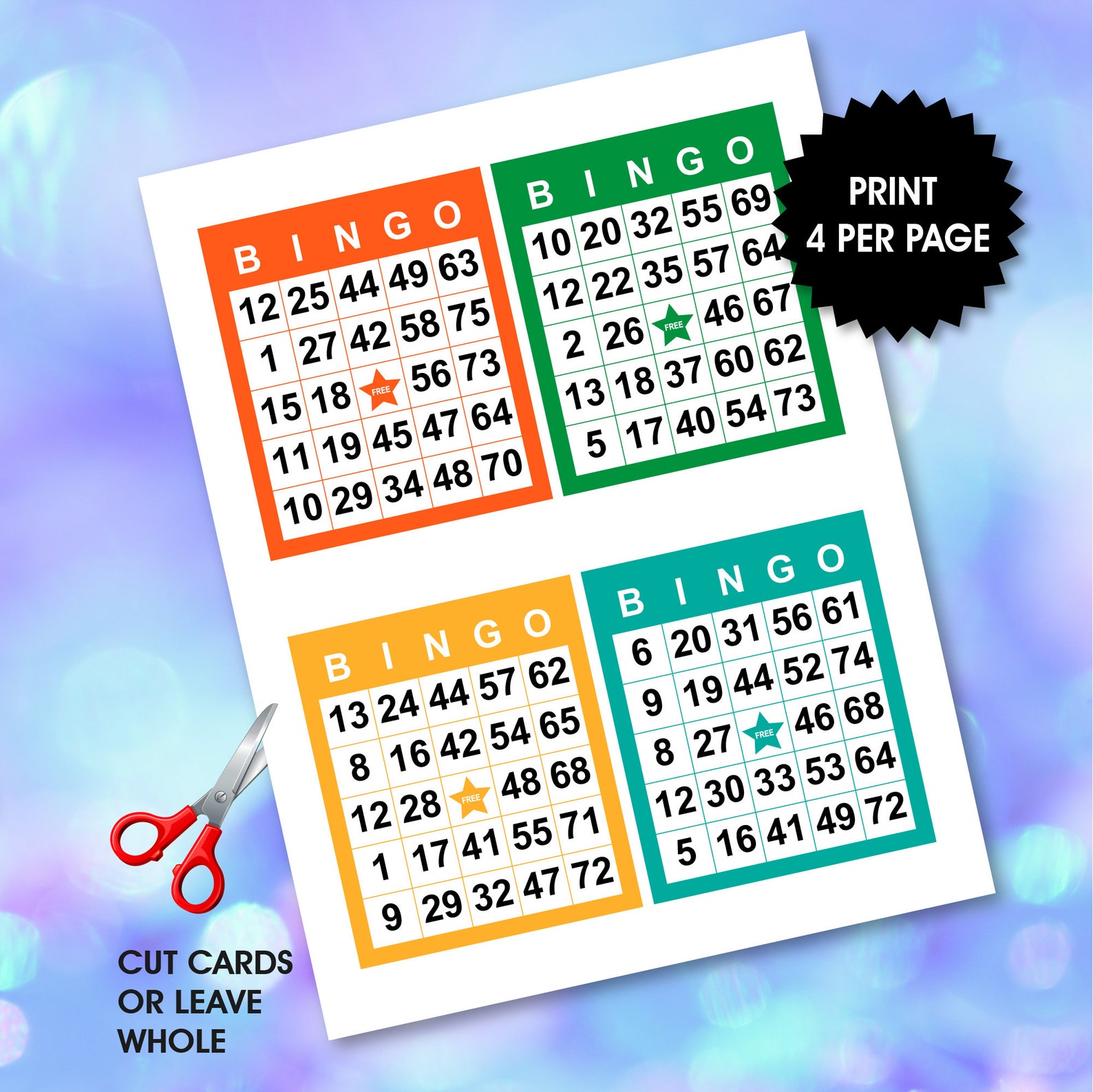 300 Colorful Bingo Cards, 1, 2, or 4 per Page, Fun Party Game ...