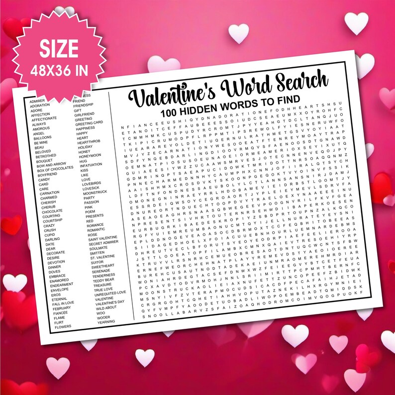 Valentine's Day Word Search Game - 100 Hidden Words - Printable ...