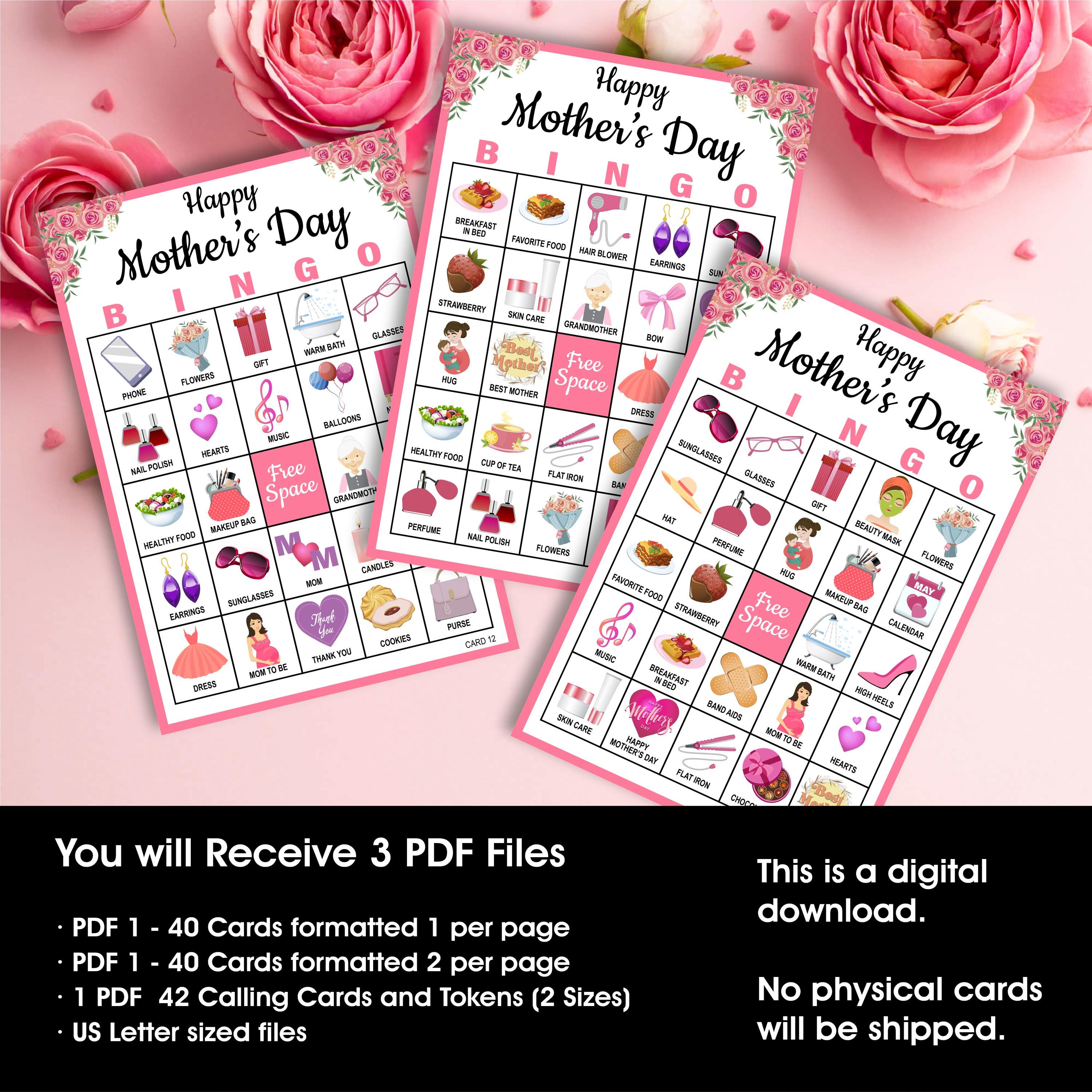 40 Happy Mother's Day Bingo Cards, 1 or 2 per Page, Mother's Day Party ...