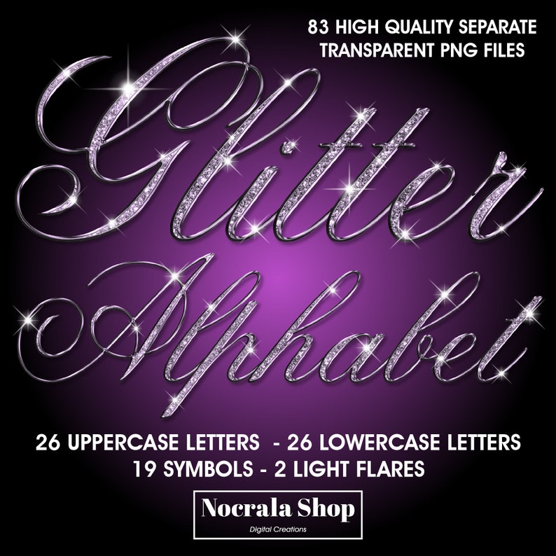 Purple Glitter Cursive Alphabet Clipart, PNG Clip Art, High Shine ...
