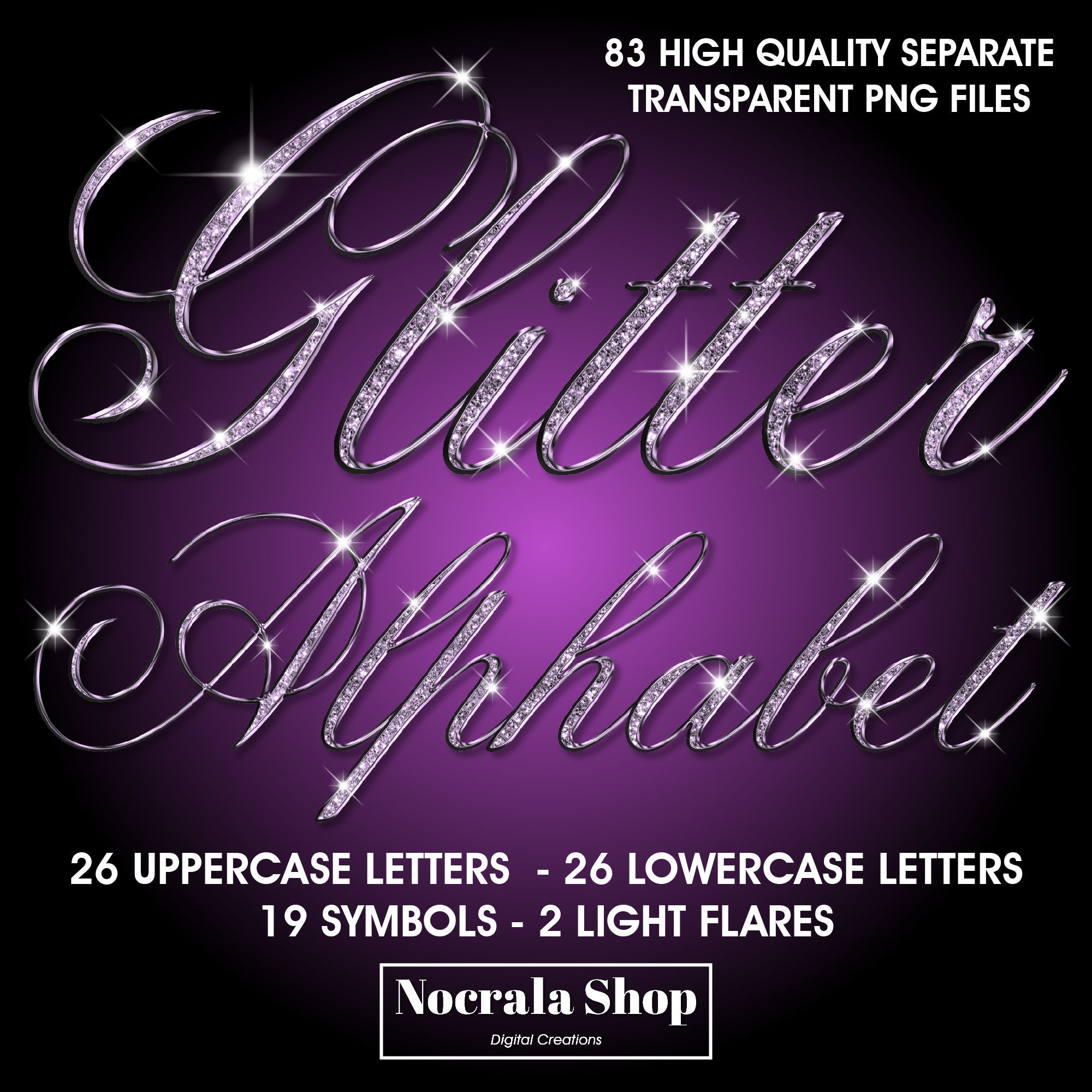 Purple Glitter Cursive Alphabet Clipart, PNG Clip Art, High Shine ...