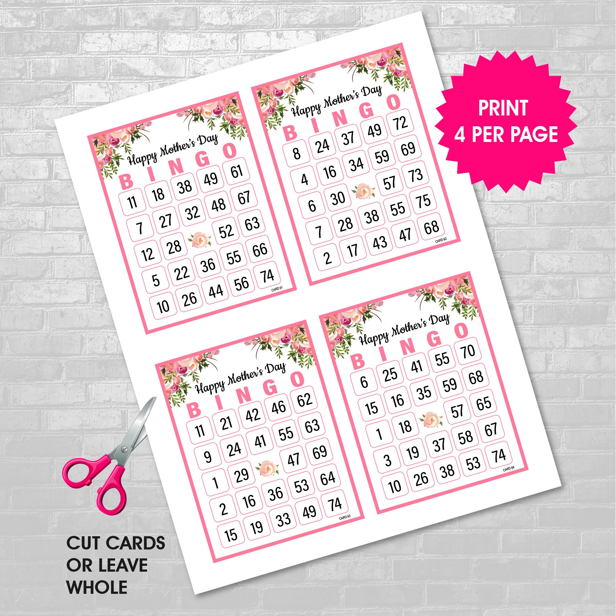 100 Happy Mother's Day Bingo Cards, 1, 2 or 4 per Page, Mother's Day ...