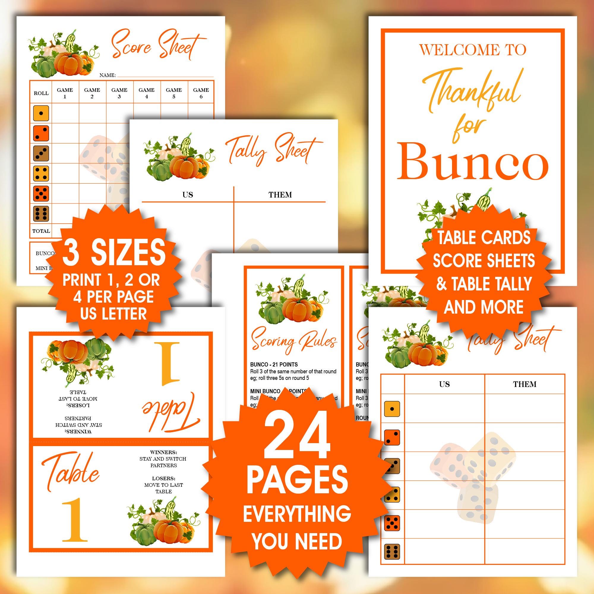 Thanksgiving Bunco Game Bundle, Fall Party Score Cards (PDF Files) - Etsy
