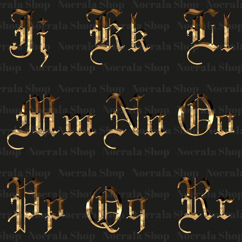 Gold Gothic Alphabet Clipart, PNG Digital Clip Art, Gold Gothic Letters ...