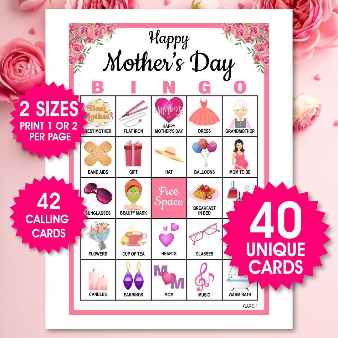 40 Happy Mother's Day Bingo Cards, 1 or 2 per Page, Mother's Day Party ...