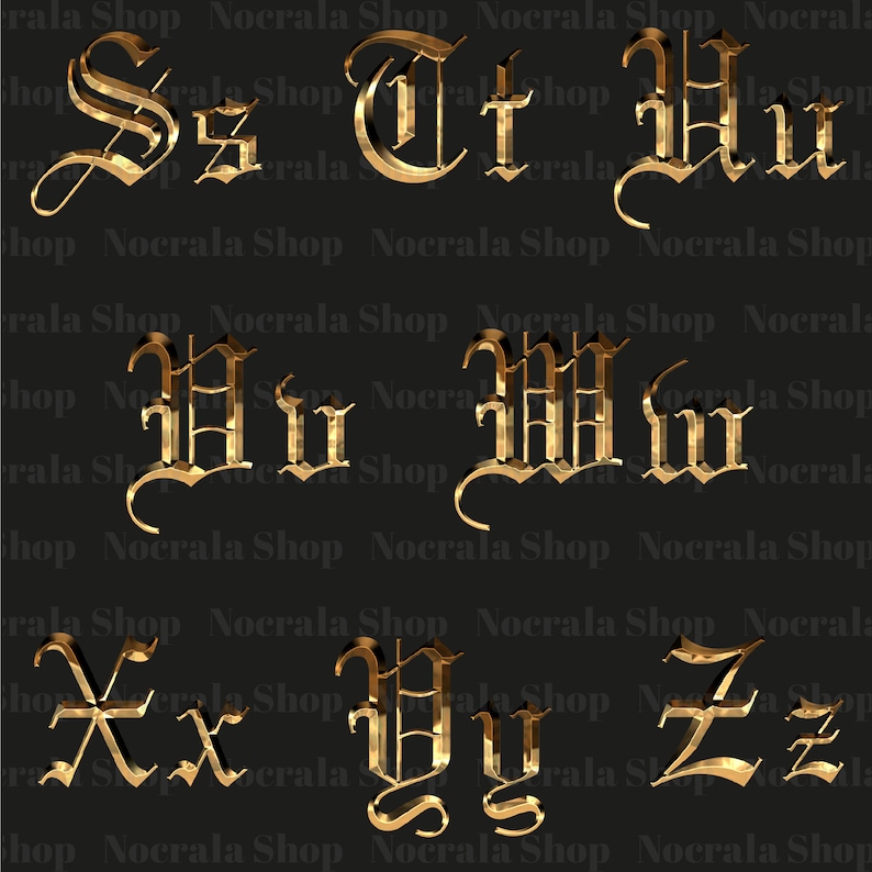 Gold Gothic Alphabet Clipart, PNG Digital Clip Art, Gold Gothic Letters ...