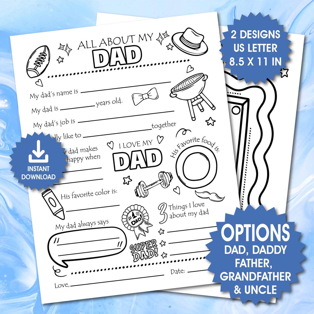 All About My Dad Worksheet, Father's Day Coloring Page, Printable Gift for Dad From Kids ...