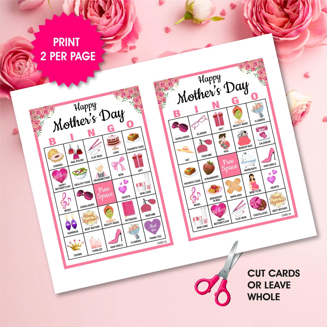 40 Happy Mother's Day Bingo Cards, 1 or 2 per Page, Mother's Day Party ...