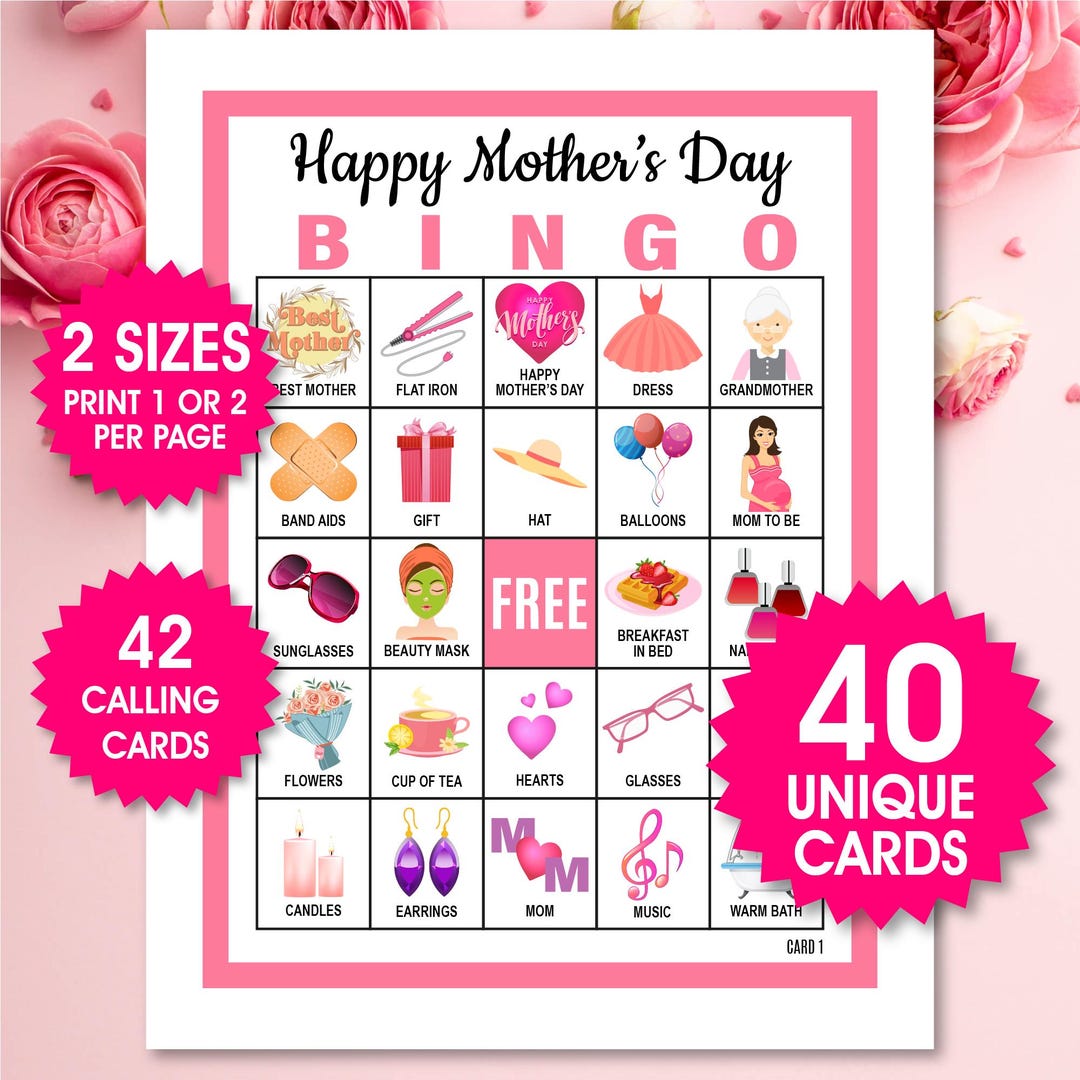 40 Happy Mother's Day Bingo Cards, 1 or 2 per Page, Mother's Day Party ...