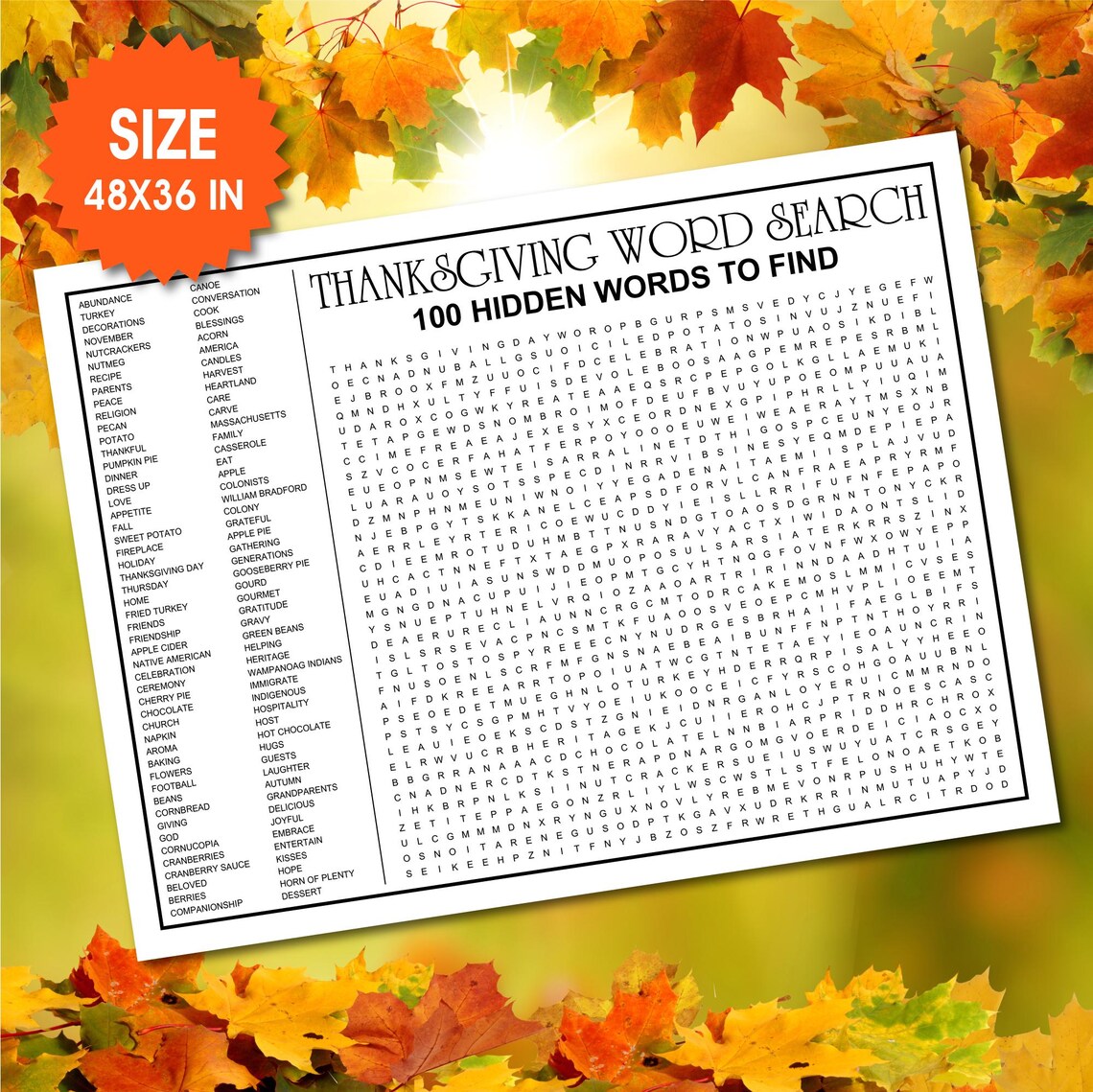 Giant Thanksgiving Word Search, Thanksgiving Fun Game, Printable Word ...