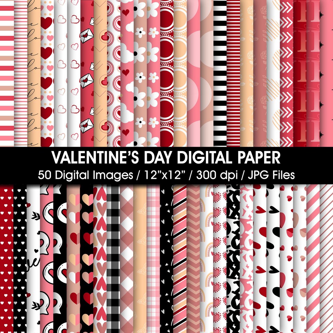 50 Valentine's Day Seamless Pattern Digital Paper, Romantic Boho Pink ...