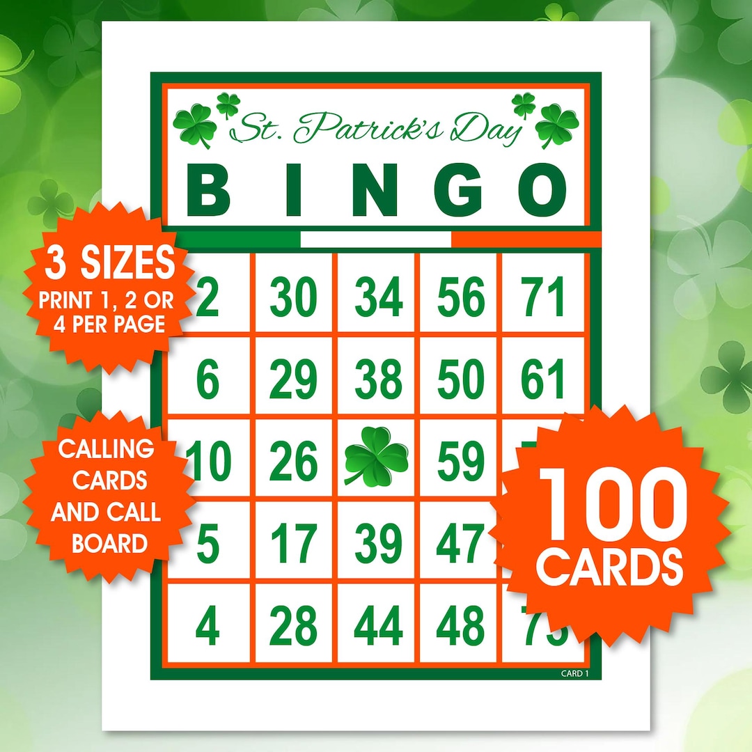 100 St Patrick's Day Bingo Cards, 1, 2, or 4 per Page, St Patrick's Day ...